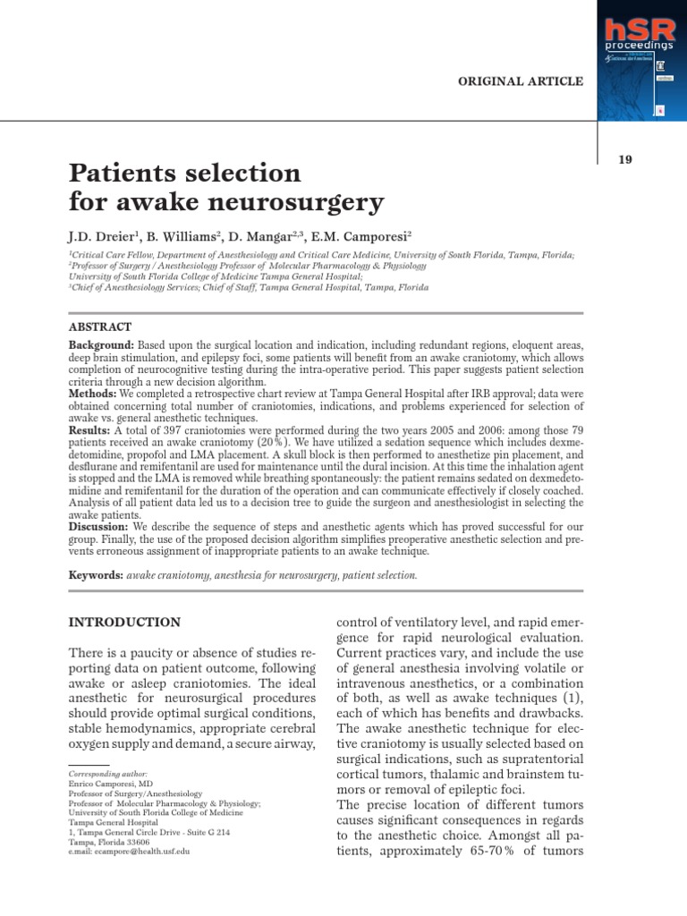 Patients Selection For Awake Neurosurgery: Original Article | PDF ...