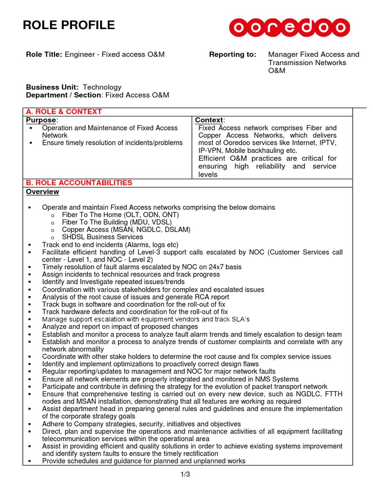 Role Profile Engineer Fixed Access | PDF | Fiber To The X | Computer ...