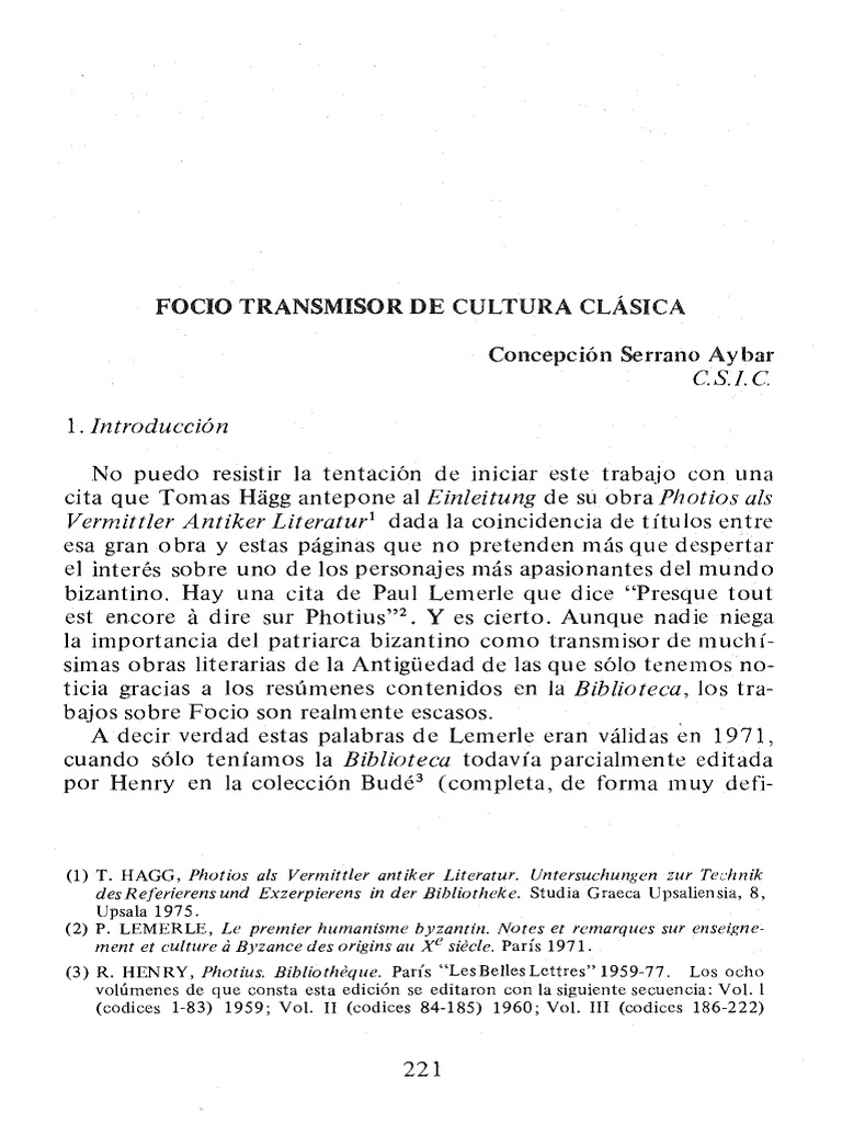 Focio Transmisor de Cultura Clásica | PDF | imperio Bizantino | Emperador