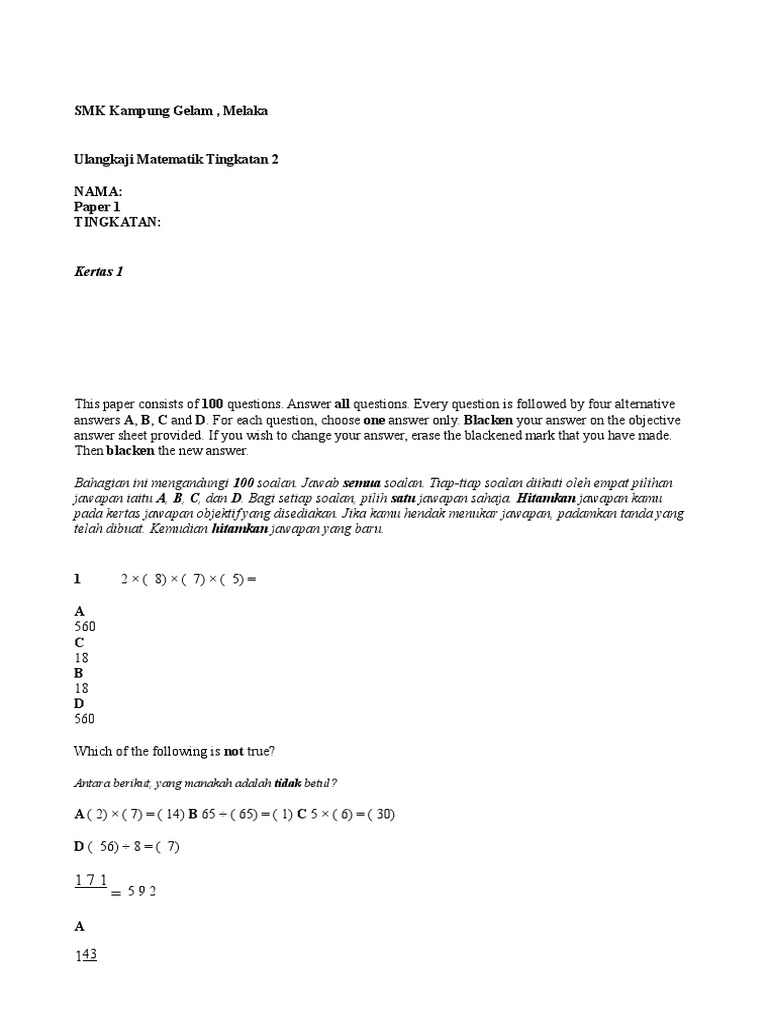 Tutorial Matematik Form 2 | PDF