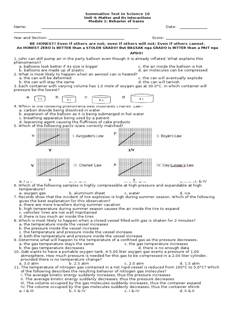 Summative Test 1 Behavior of Gases | PDF | Gases | Carbon Dioxide