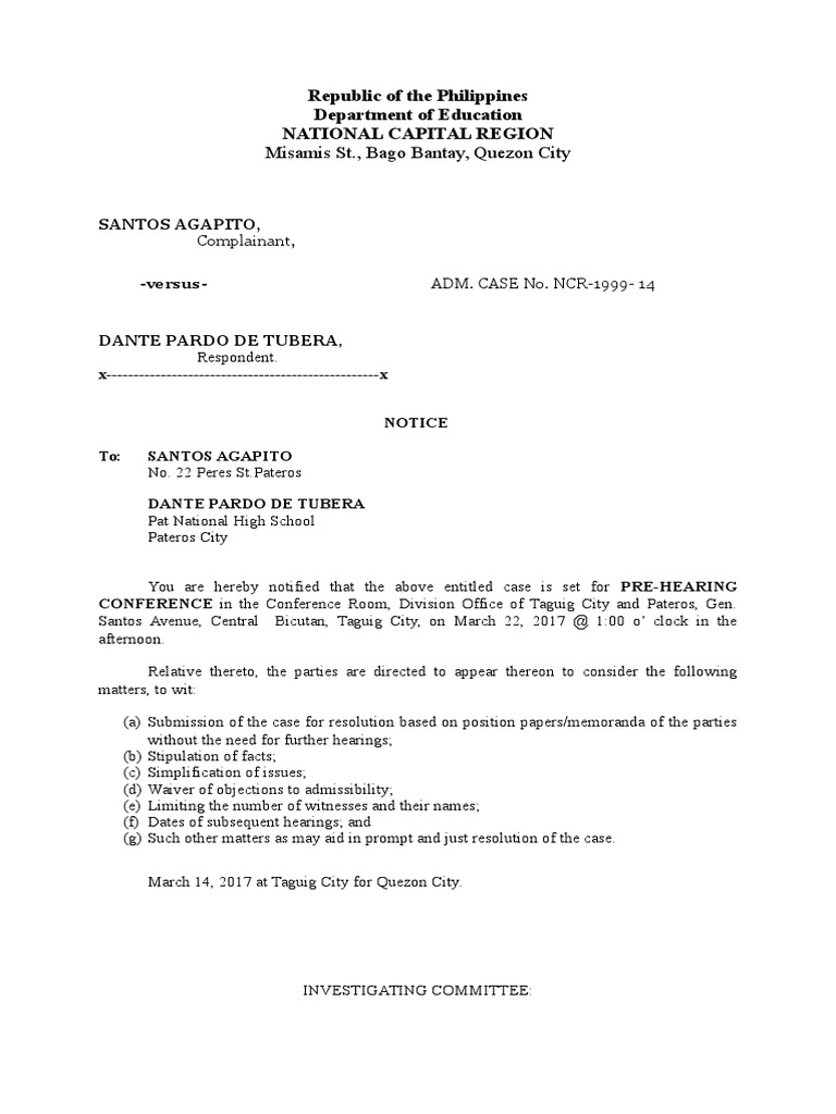 Notice of Pre-Hearing Conference DepEd | PDF