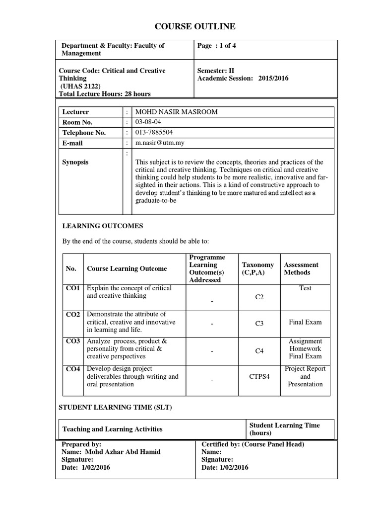 Uhas 2122 Course Outline - 2016 | Lecture | Test (Assessment)