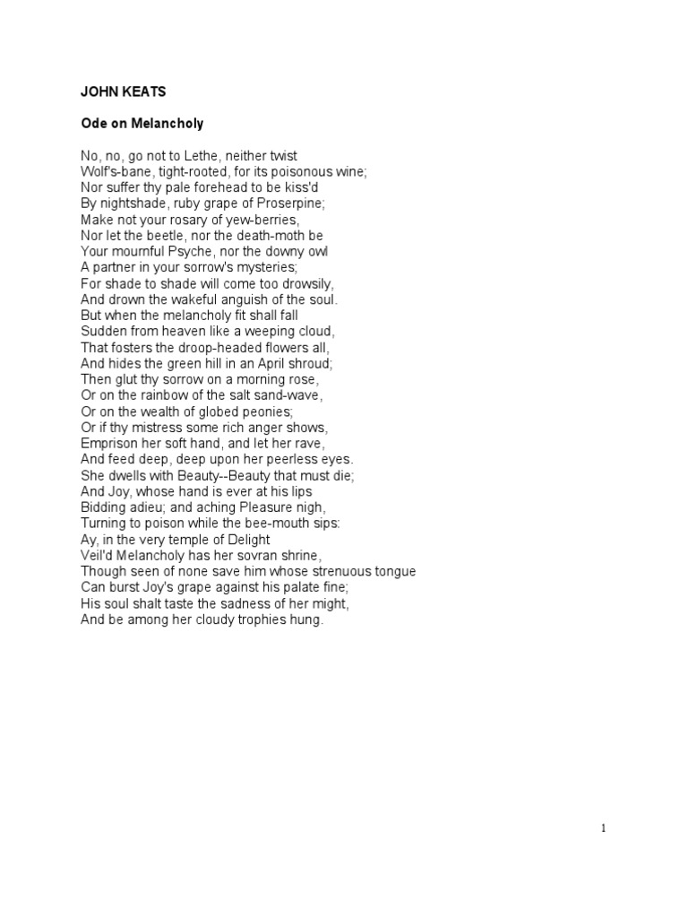 "Ode On Melancholy" (John Keats) | PDF