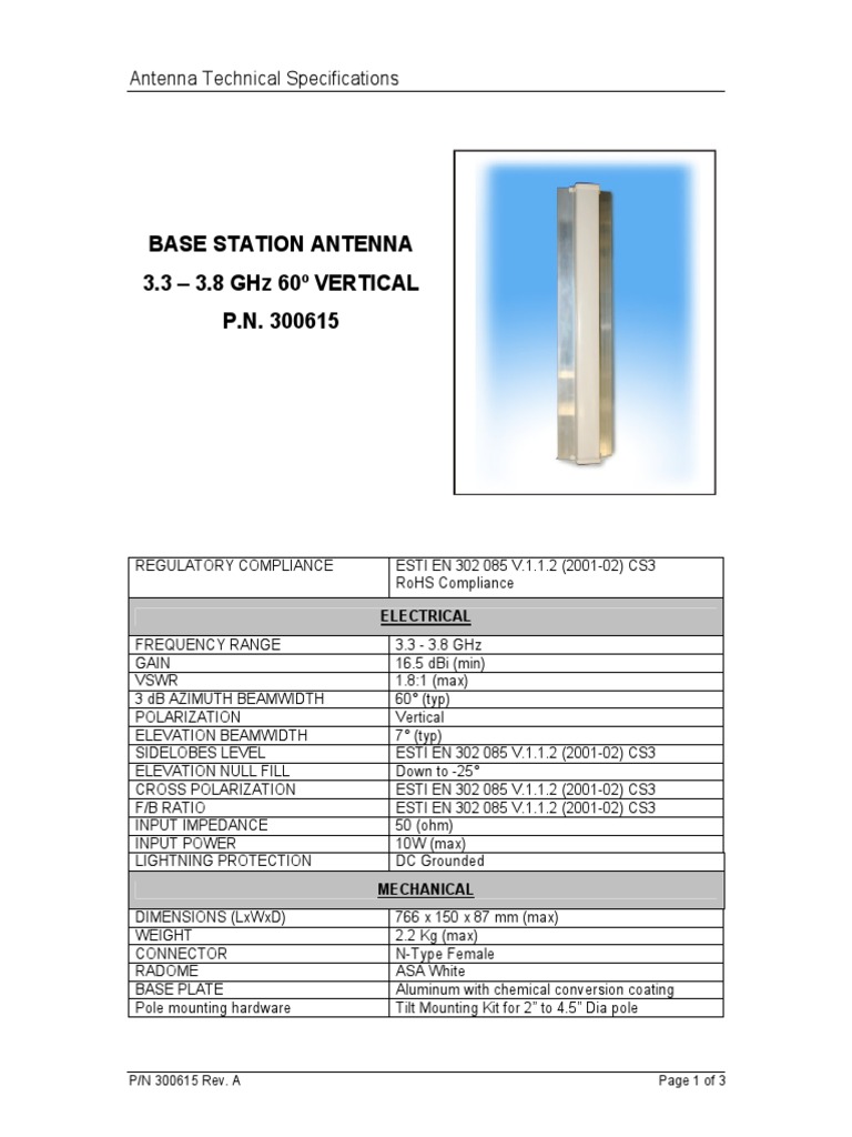 Base Station Antenna 3.3 - 3.8 GHZ 60º Vertical P.N. 300615 | PDF ...