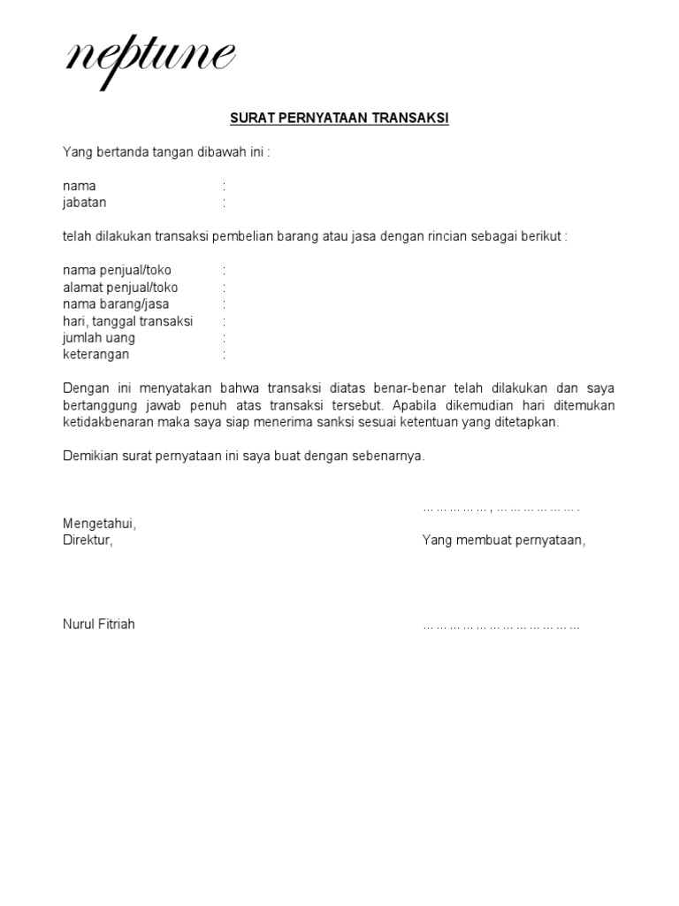 Surat Pernyataan Transaksi Bon Hilang | PDF