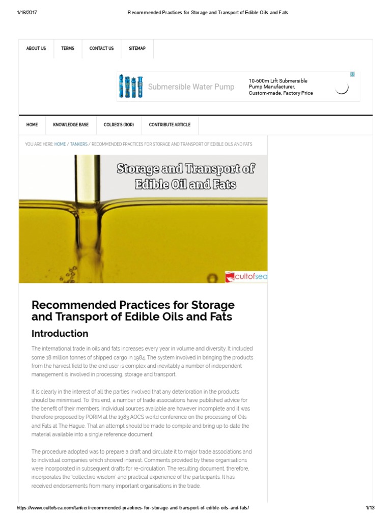 Recommended Practices For Storage and Transport of Edible Oils and Fats ...