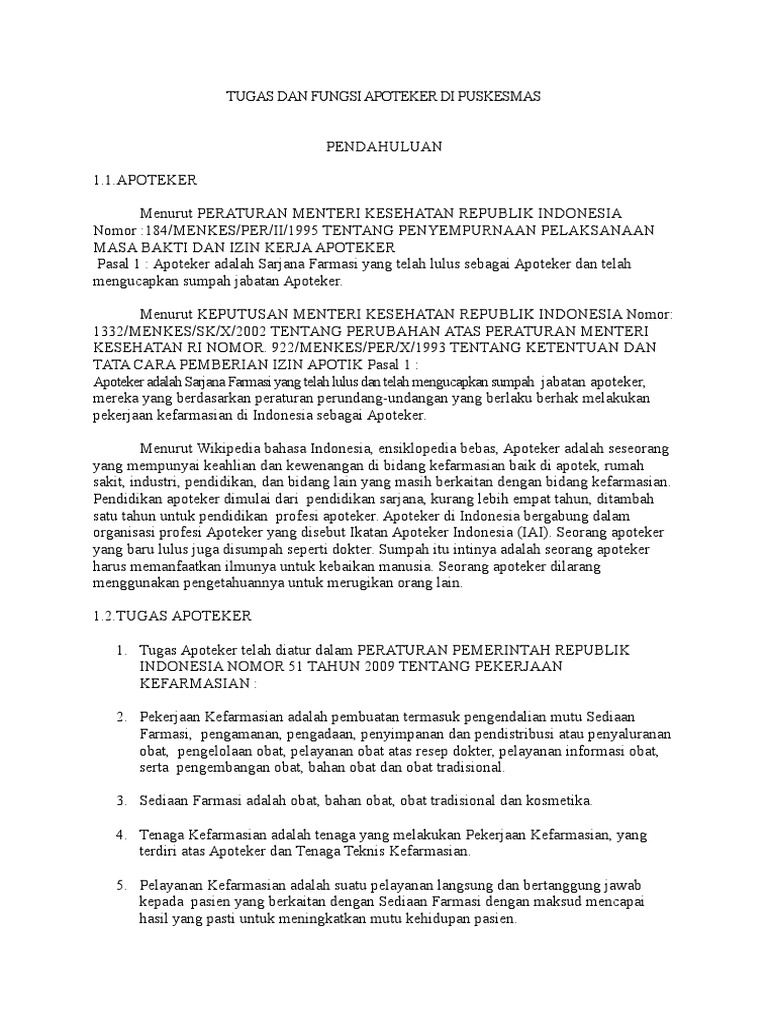 Tugas Dan Fungsi Apoteker Di Puskesmas | PDF Tugas Dan Fungsi Apoteker Di Puskesmas | PDF
