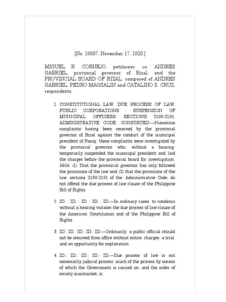 Cornejo vs. Gabriel and Provincial Board of Rizal | PDF | Due Process ...