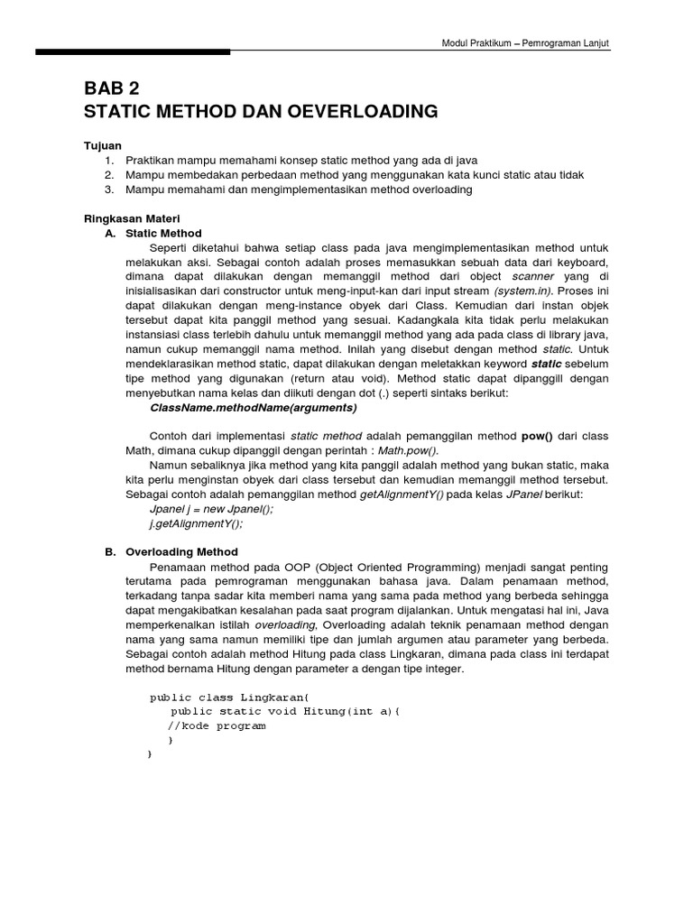 Modul 1 Bab 2 Method Static Dan Overloading | PDF