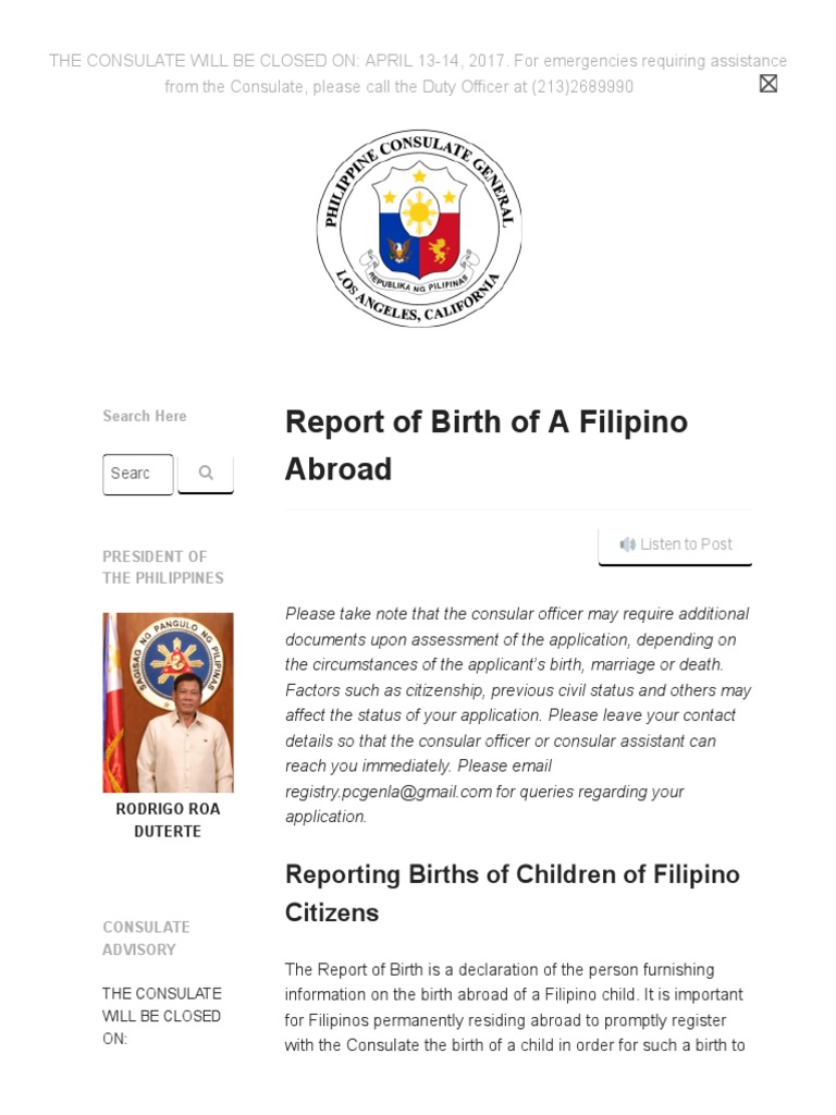 Report of Birth of a Filipino Abroad – Philippine Consulate General Los ...