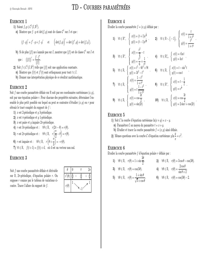 Exercices - Courbes parametrees.pdf | Courbe | Algèbre