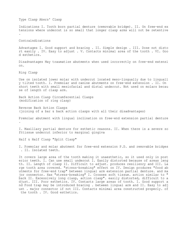Types of Clasps | PDF | Tooth | Dentures