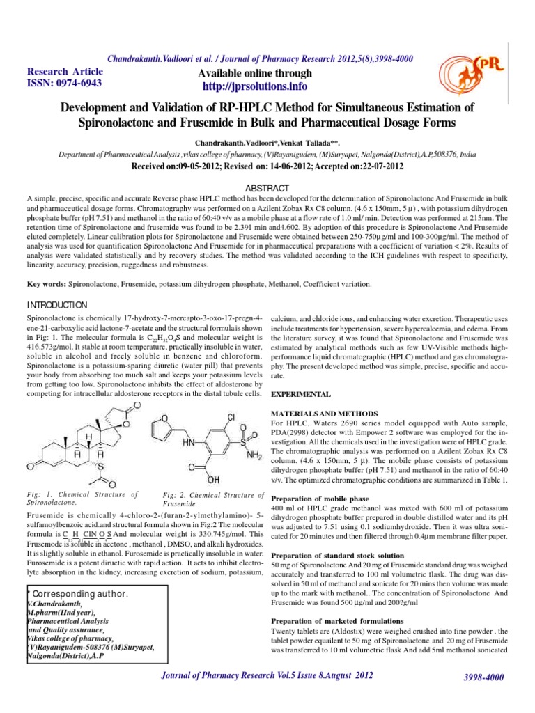 Development and Validation of RP-HPLC Method For Simultaneous Estimation of Spironolactone and ...