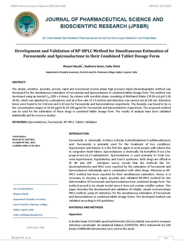 Development and Validation of RP-HPLC Method For Simultaneous Estimation of Furosemide and ...