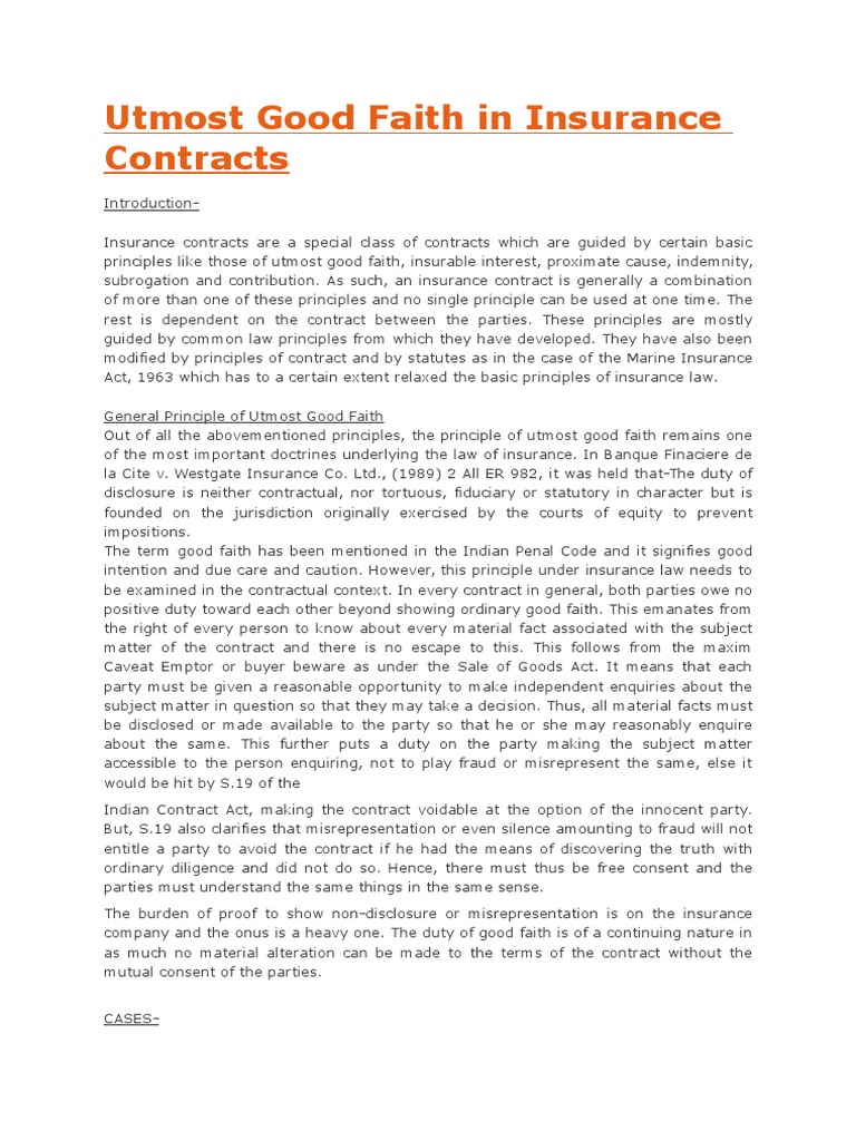 Utmost Good Faith in Insurance Contracts | PDF | Misrepresentation ...