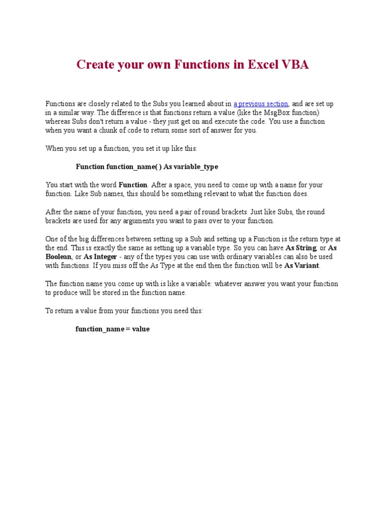 Create Your Own Functions in Excel VBA | PDF