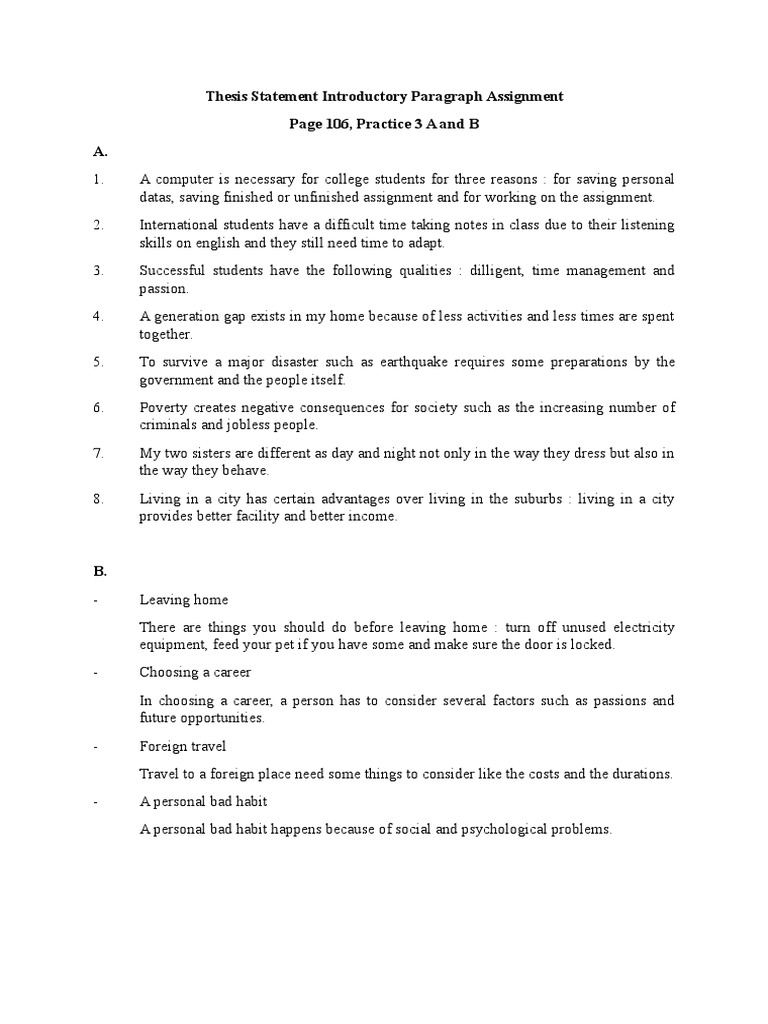 Thesis Statement Assignment Guide | PDF