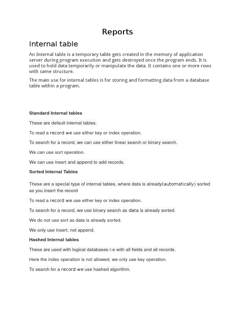 Reports: Internal Table | PDF | Database Index | Information Technology Management