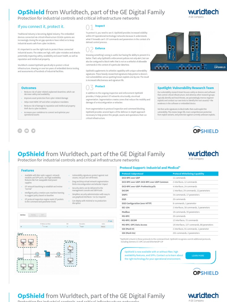 OpShield From Wurldtech Datasheet | PDF | Vulnerability (Computing) | Computer Security