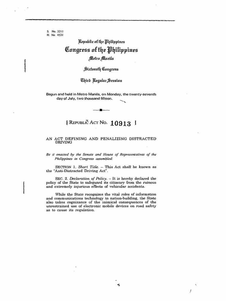 Republic Act No. 10913 - Anti-Distracted Driving Act | Mobile Phones ...