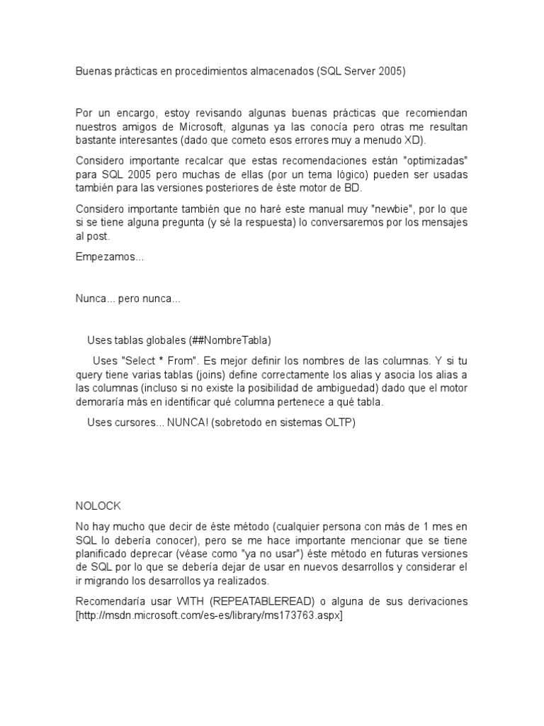 Buenas Prácticas en SQL Query | PDF | SQL | Servidor SQL de Microsoft Buenas Prácticas en SQL Query | PDF | SQL | Servidor SQL de Microsoft