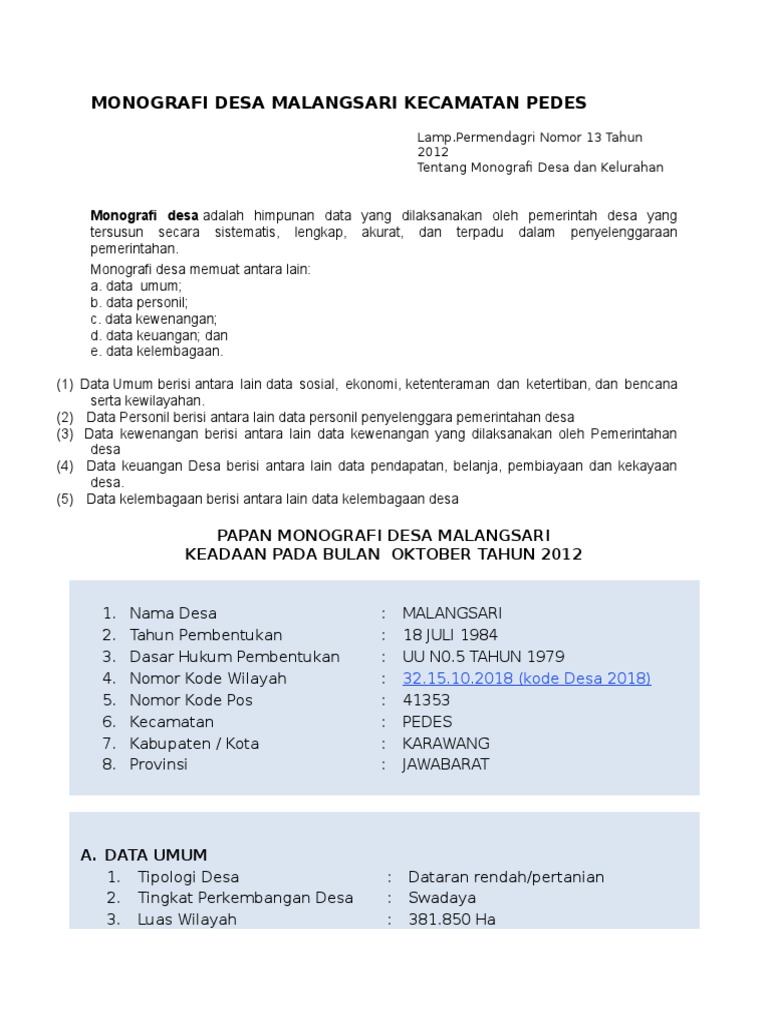 Monografi Desa Malangsari Kecamatan Pedes | PDF