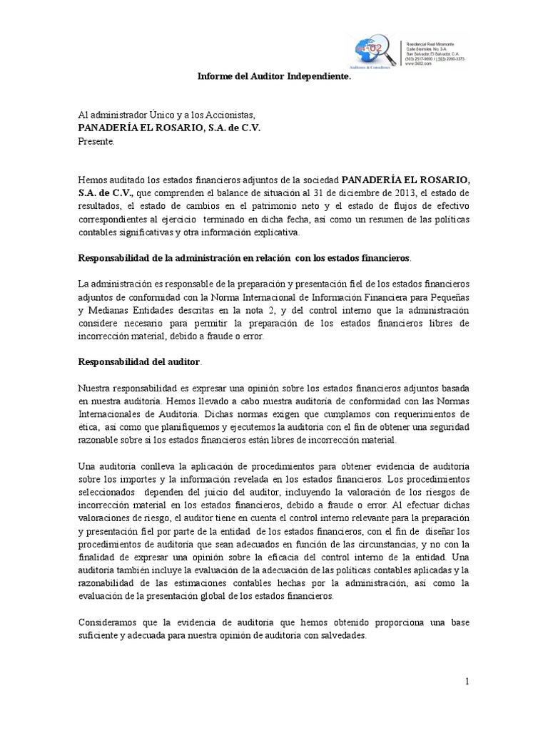 Informe Del Auditor Independiente - Salvedad | PDF | Auditoría financiera | Contralor