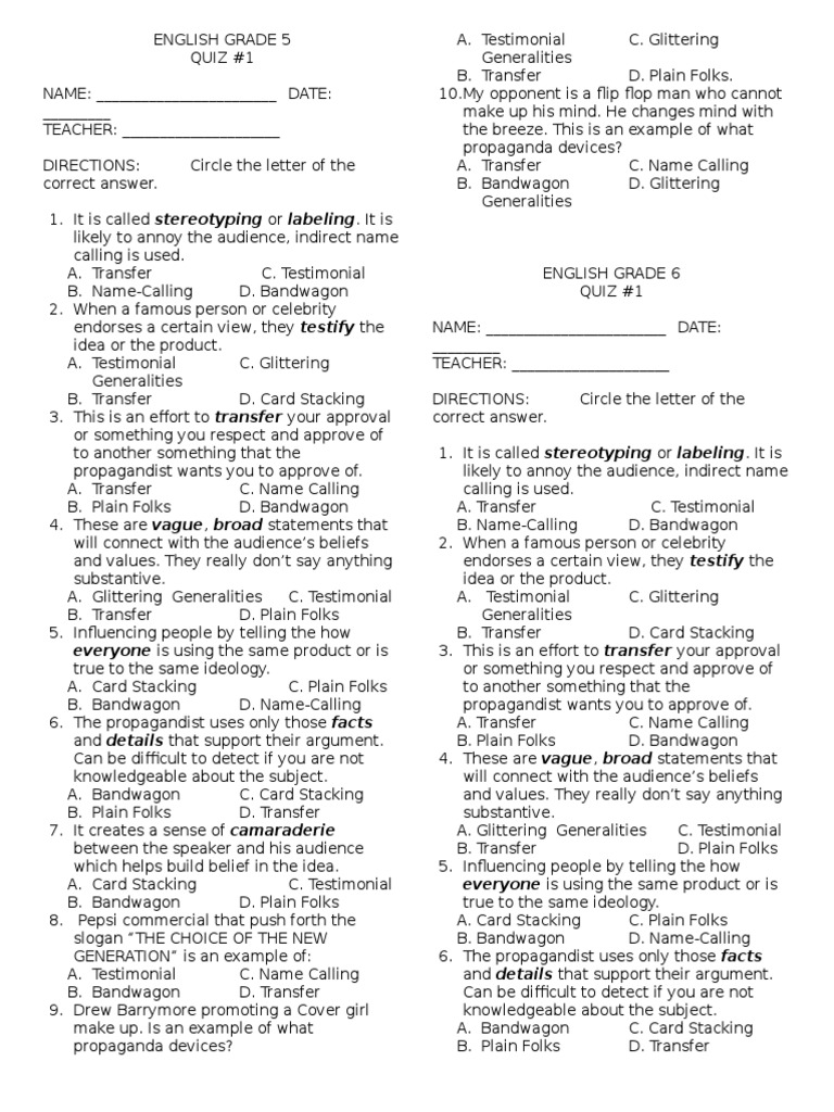Grade 6 Propaganda Techniques Quiz | PDF | Propaganda | Propositional ...