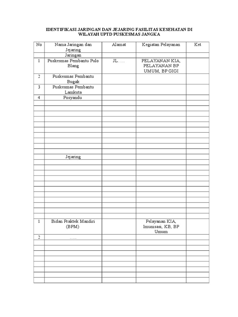 Contoh Form Identifikasi Jejaring Dan Jaringan Puskesmas | PDF