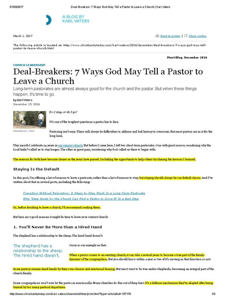 Deal-Breakers - 7 Ways God May Tell A Pastor To Leave A Church - Karl ...