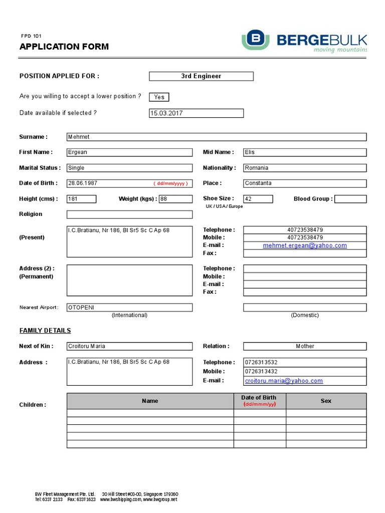 Berge Bulk Application Form | PDF | Oil Tanker | Ships