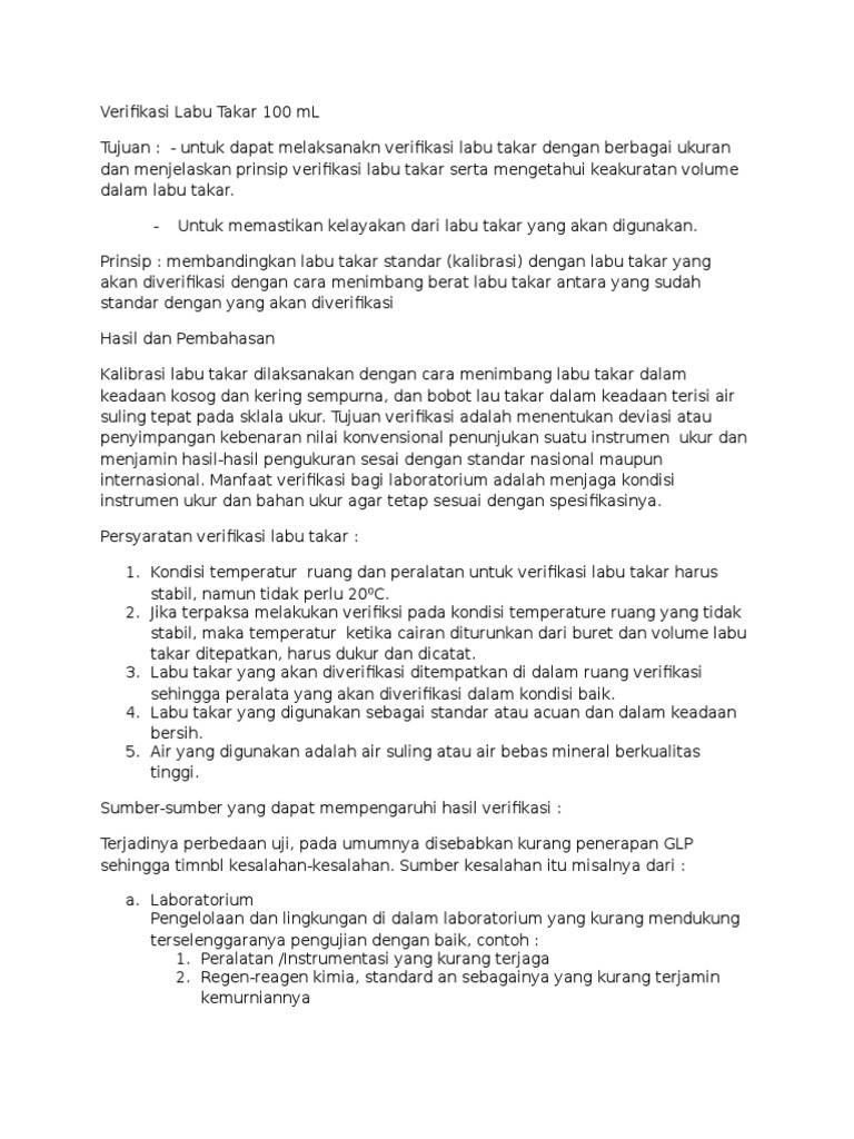 Verifikasi Labu Takar 100 mL dan Akurasi | PDF