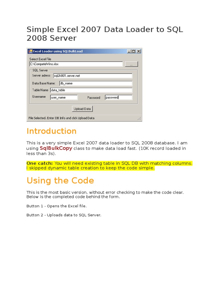 Excel 2007 Data Loader To SQL 2008 Server | PDF | Microsoft Excel | Sql