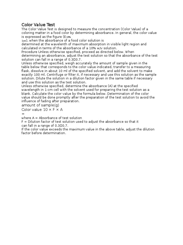 Color Value Test | PDF | Absorbance | Solution