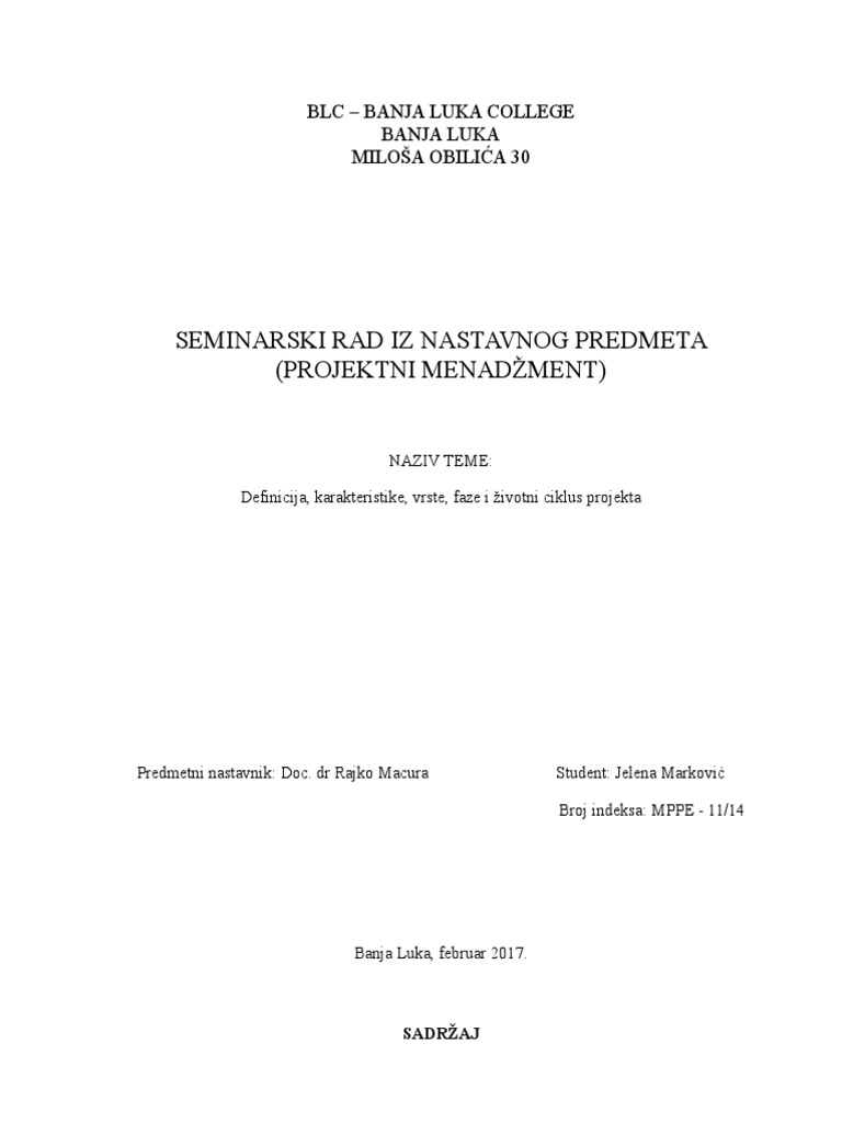 Seminarski (PROJEKTNI MENADZMENT) | PDF