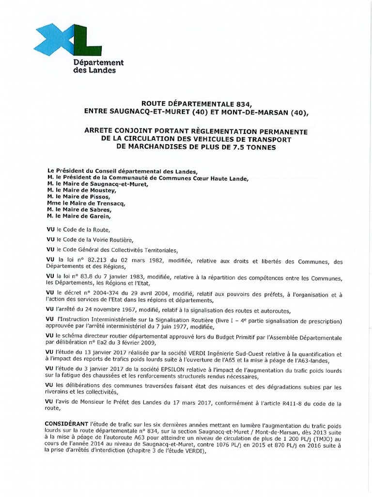Le Nouvel Arrêté D'interdiction de Circulation Des Poids Lourds en Transit Sur La RD 834 | PDF