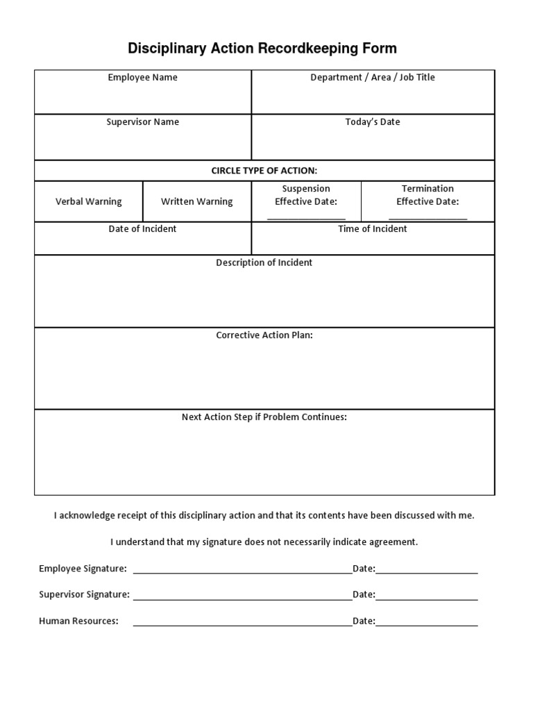 Disciplinary Action Record Form