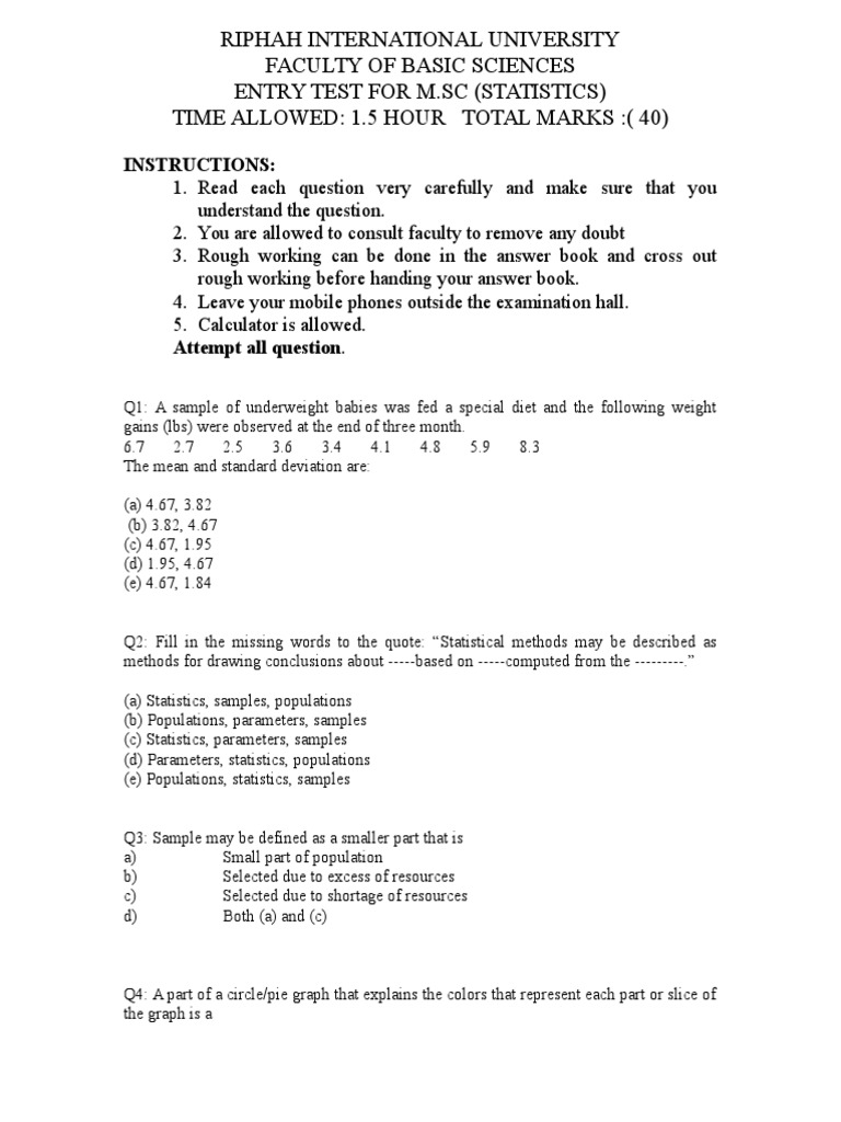 MSC Statistics Sample Test | PDF | Arithmetic Mean | Variance