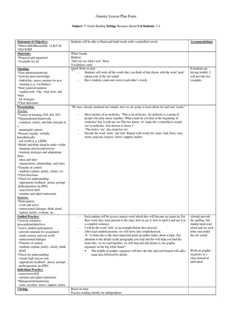 Generic Lesson Plan Form | PDF | Reading Comprehension | Education Theory