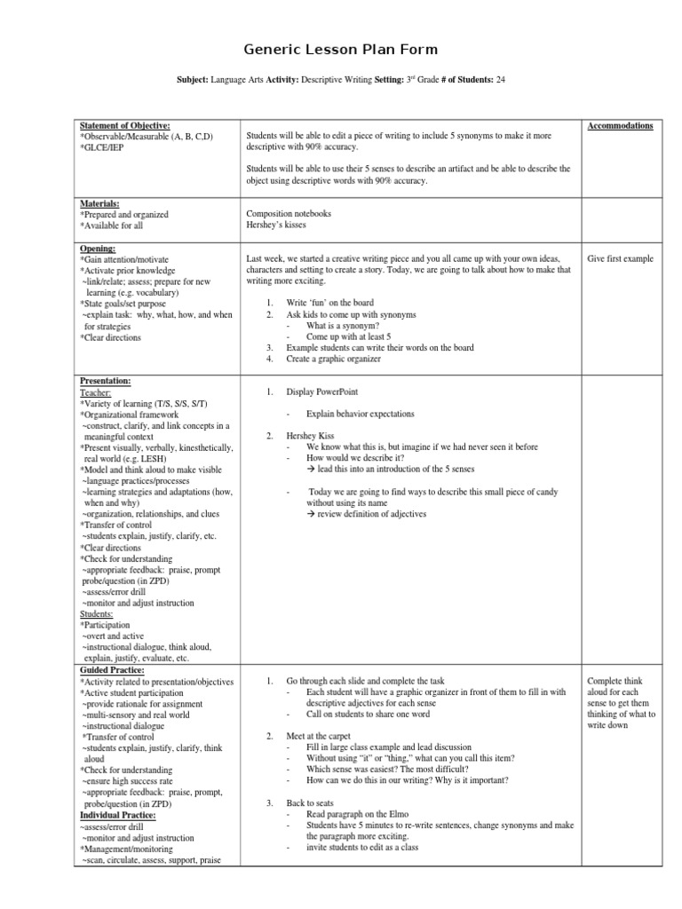 Generic Lesson Plan Form | PDF | Lesson Plan | Behavioural Sciences