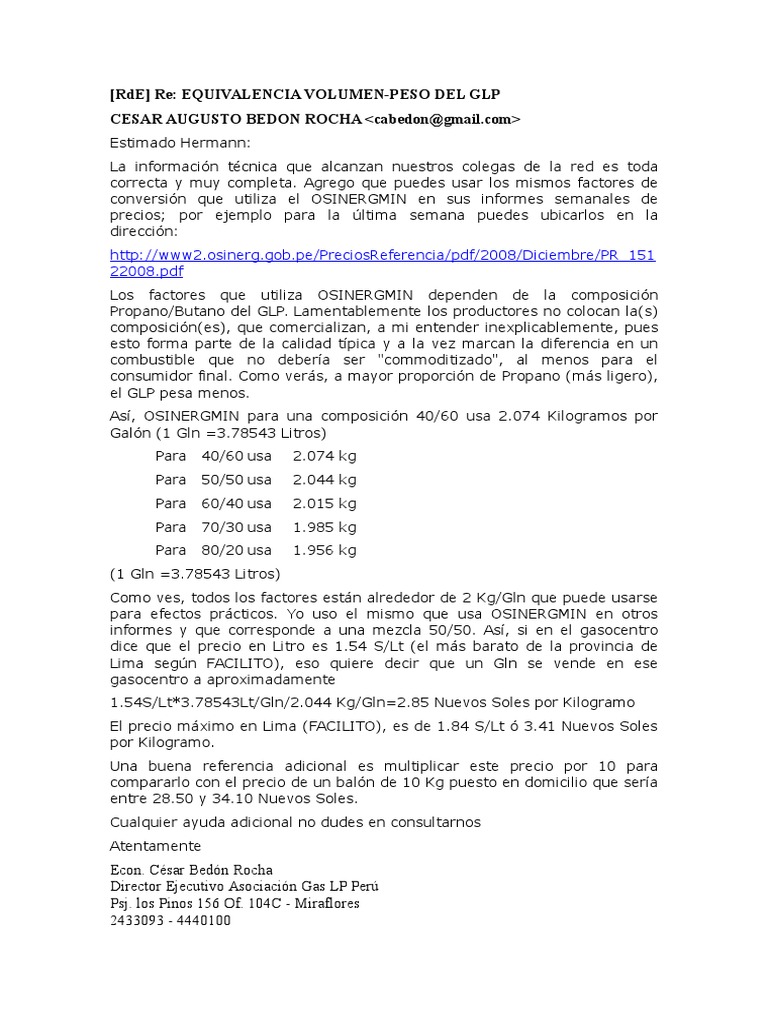 Equivalencias de GLP: Litros y Kilos | PDF
