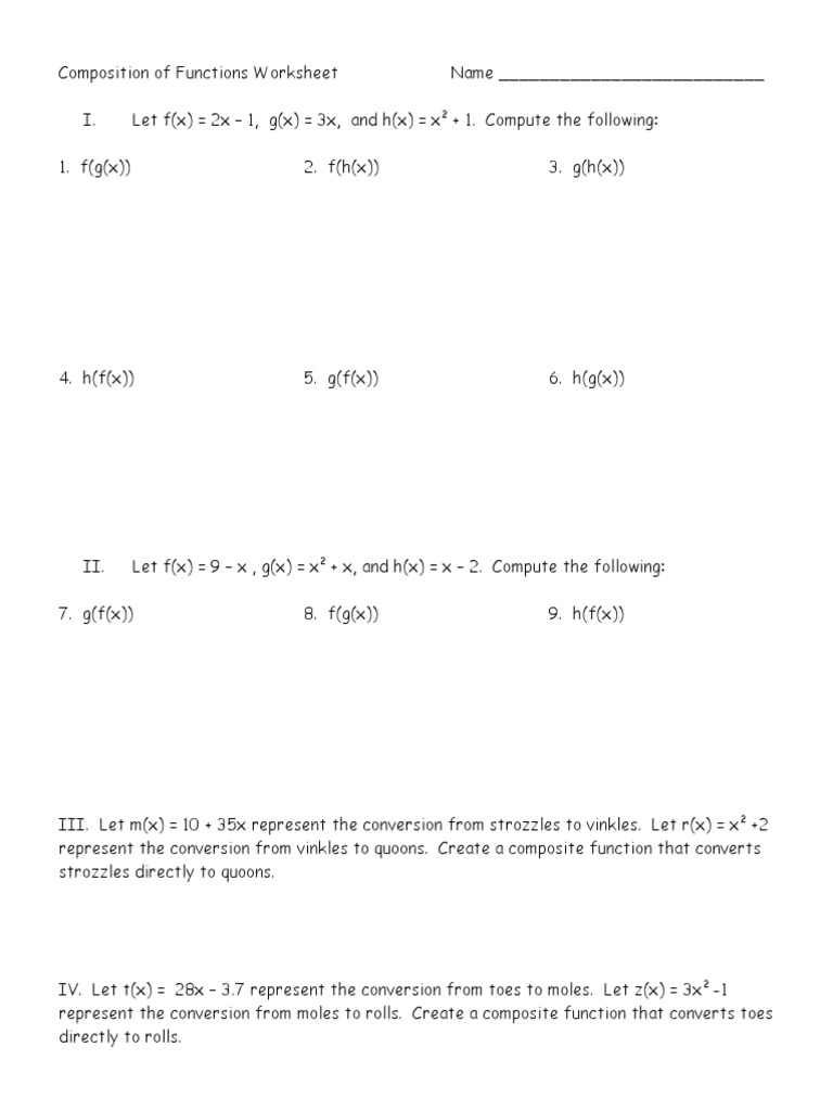 Composition of Functions Worksheet | PDF