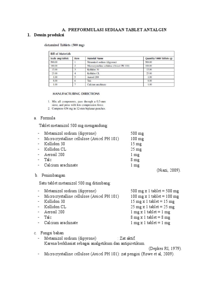 Preformulasi Sediaan Tablet Antalgin | PDF