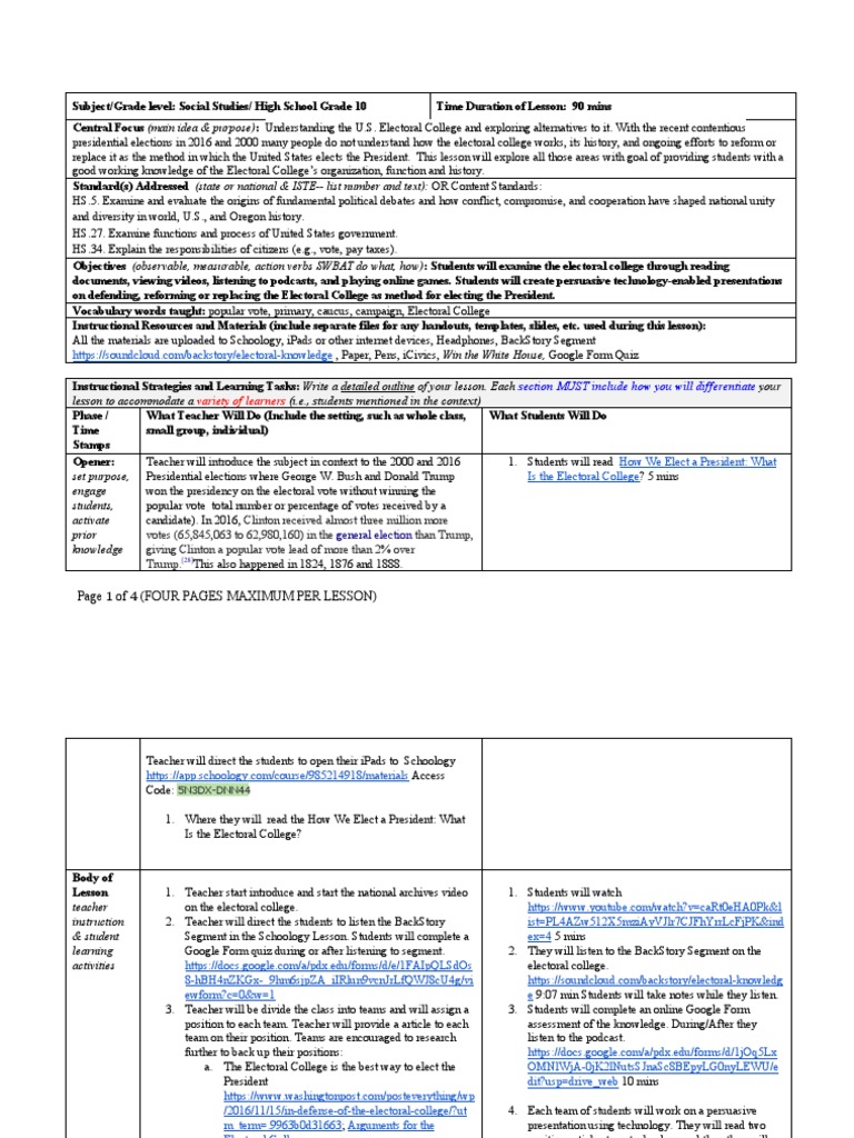 High School Lesson: Electoral College | PDF | Educational Assessment ...