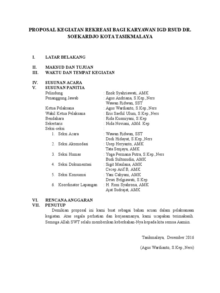 Contoh Proposal Kegiatan Rekreasi Bagi Karyawan Igd Rsud DR | PDF