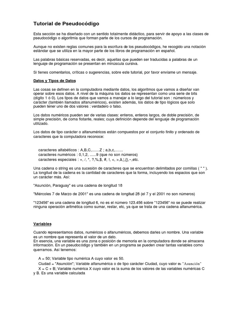Tutorial de Pseudocódigo y Variables | PDF | Estructura de datos de ...