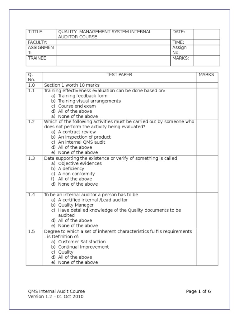 QMS Internal Auditor Exam Paper | Internal Audit | Iso 9000