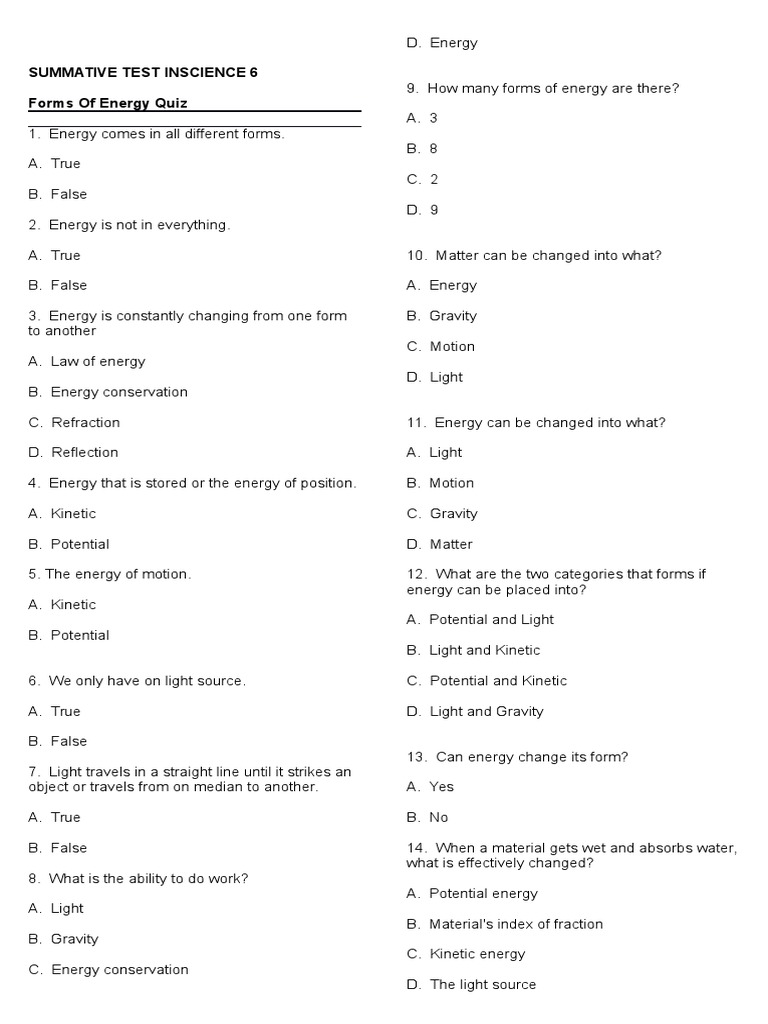 Summative Test 9 | PDF | Forms Of Energy | Kinetic Energy