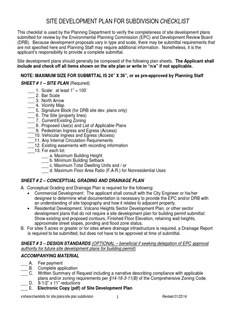 Site Development Plan Checklist for Subdivision 022814 Final | Zoning ...